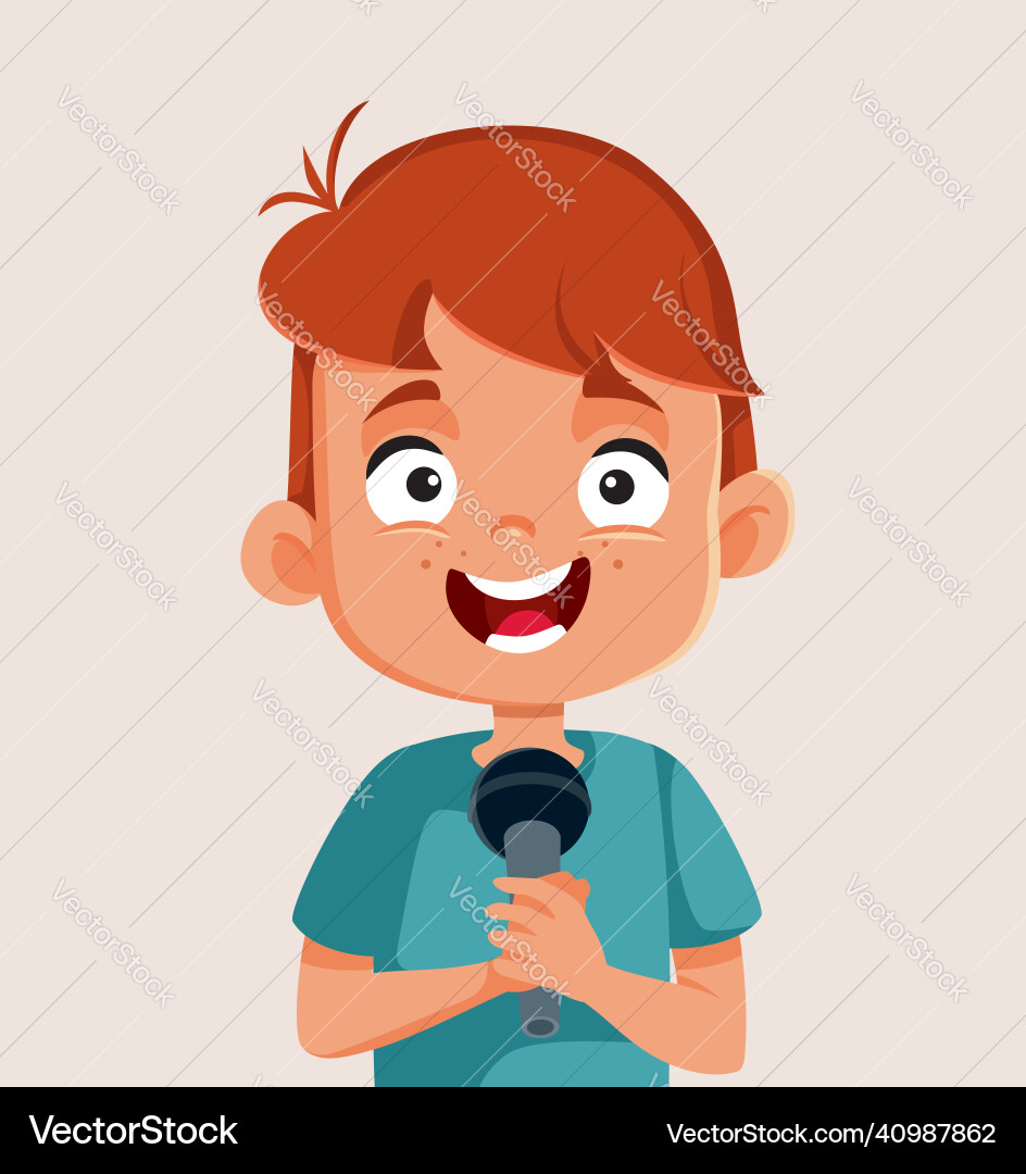 Happy cheerful boy holding a microphone cartoon Vector Image