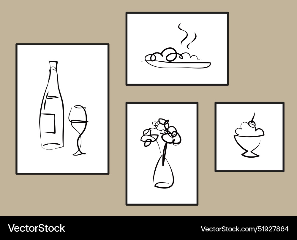 Composition of four framed simple line art posters