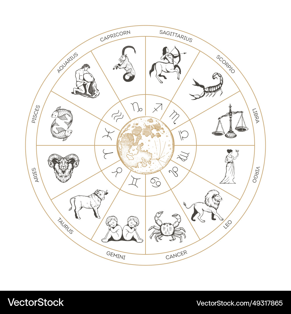 Zodiac wheel with constellations and astrological Vector Image