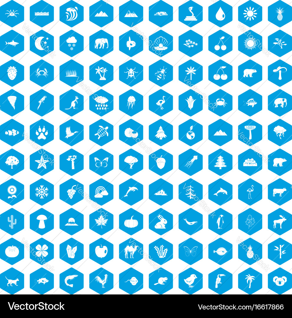 100 nature icons set blue Royalty Free Vector Image