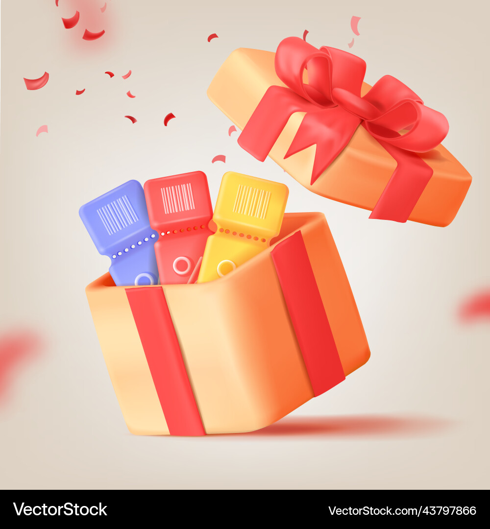 3d gift ticket benefits coupon in present box Vector Image