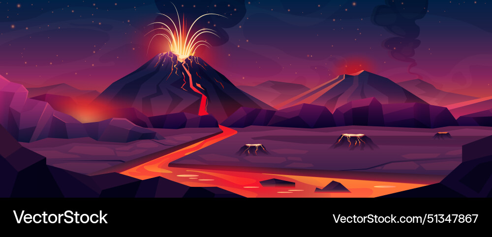 Volcano eruption with flowing magma river nature Vector Image