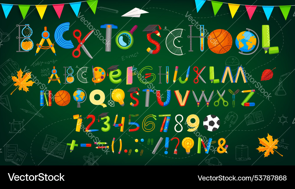 School stationery and supply alphabet letters font