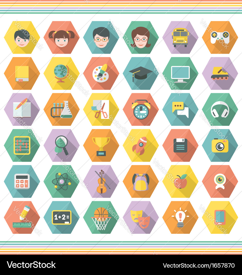Modern flat education and leisure icons in hexagon