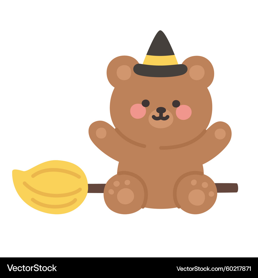 Cute Brown Bear with Witch Hat and Broom Vector Image