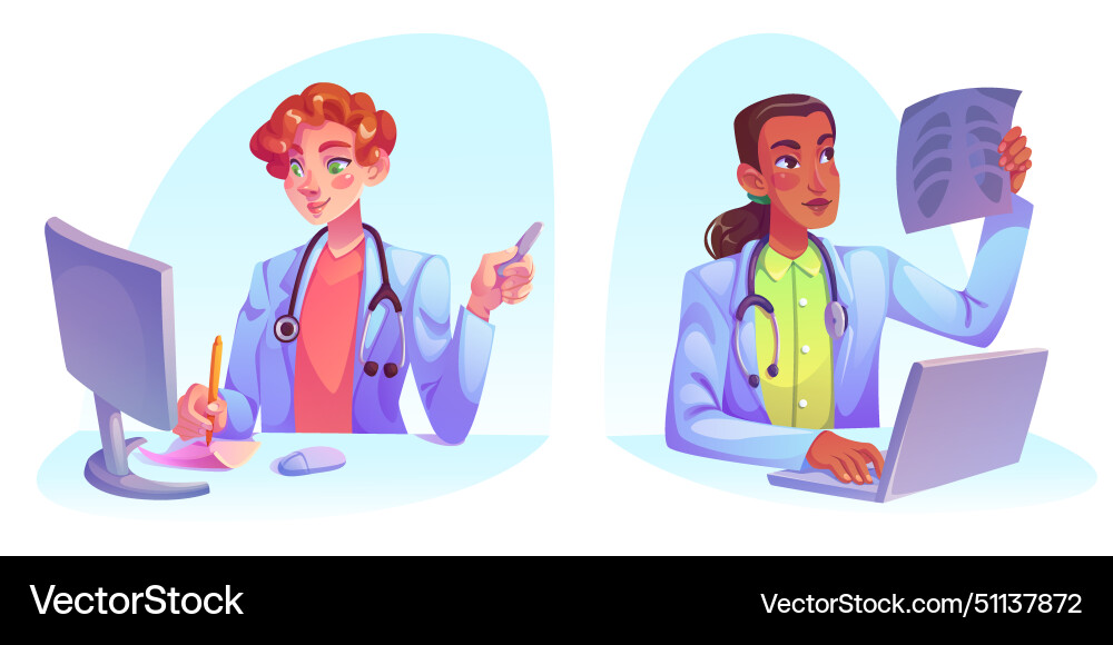 Doctors working on computer Royalty Free Vector Image