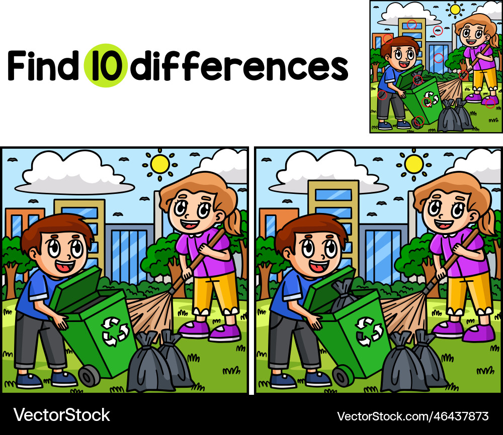 Earth day children cleaning find the differences Vector Image