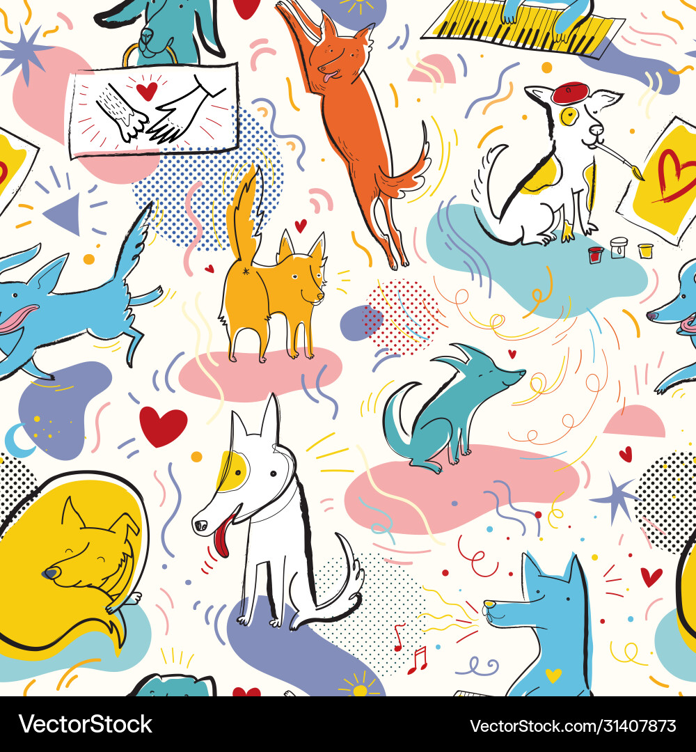 Seamless pattern with funny dogs in memphis Vector Image