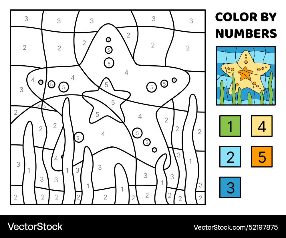 Color by number starfish and seaweed under Vector Image