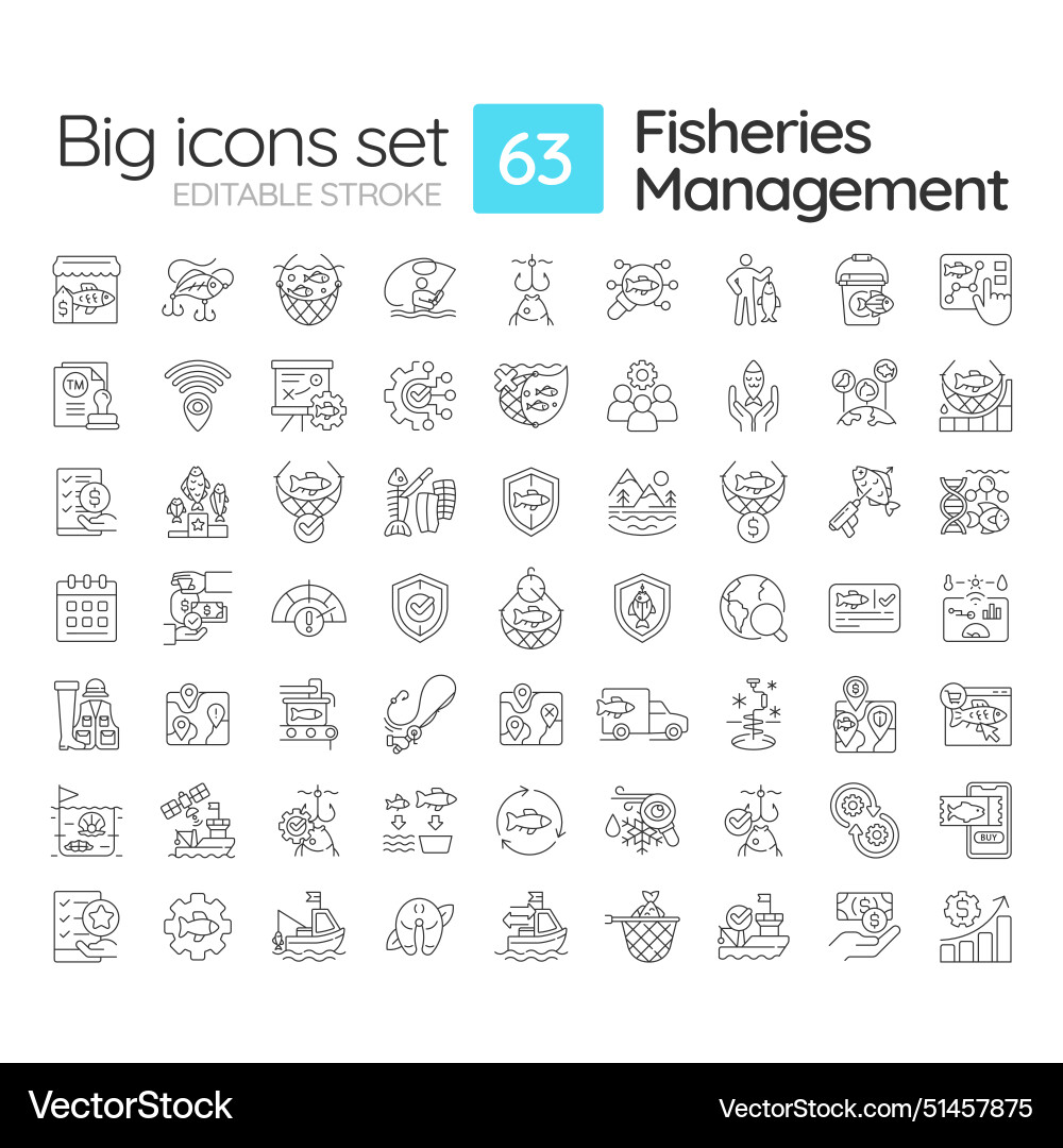 Fisheries management linear icons set Royalty Free Vector