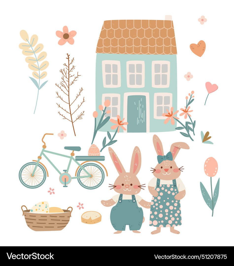 Happy easter greeting card with rabbits house Vector Image