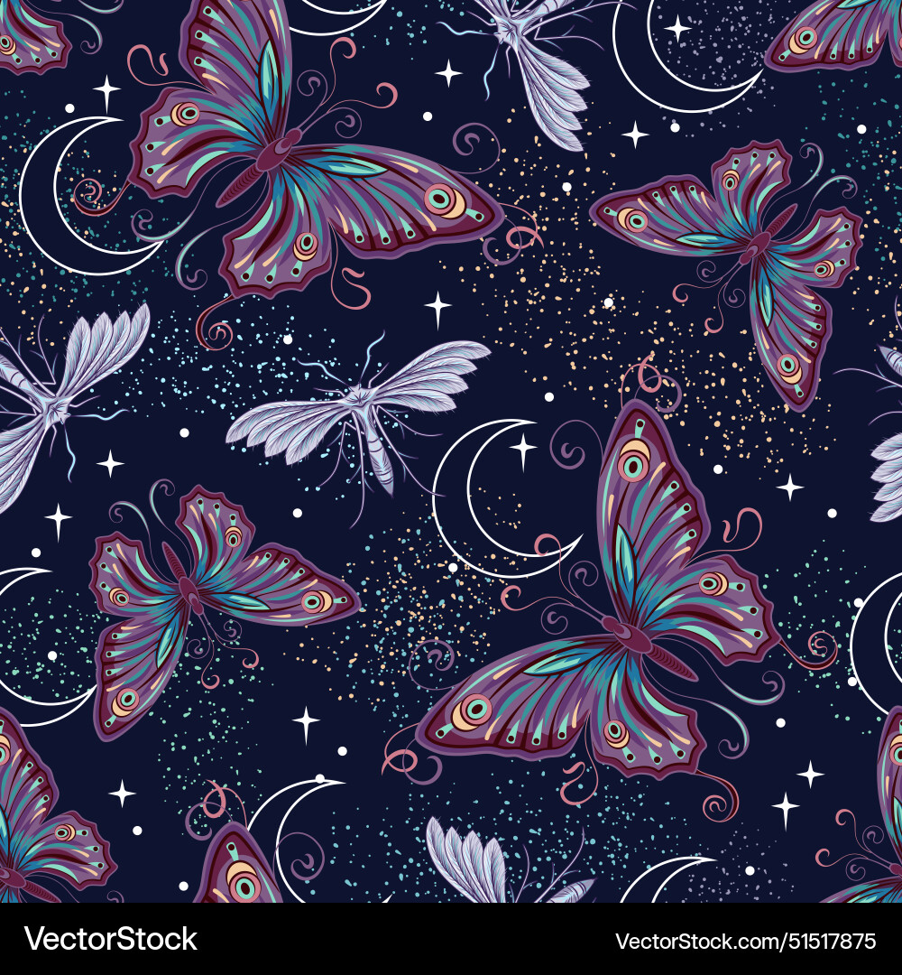 Night mysterious pattern with butterfly moon Vector Image