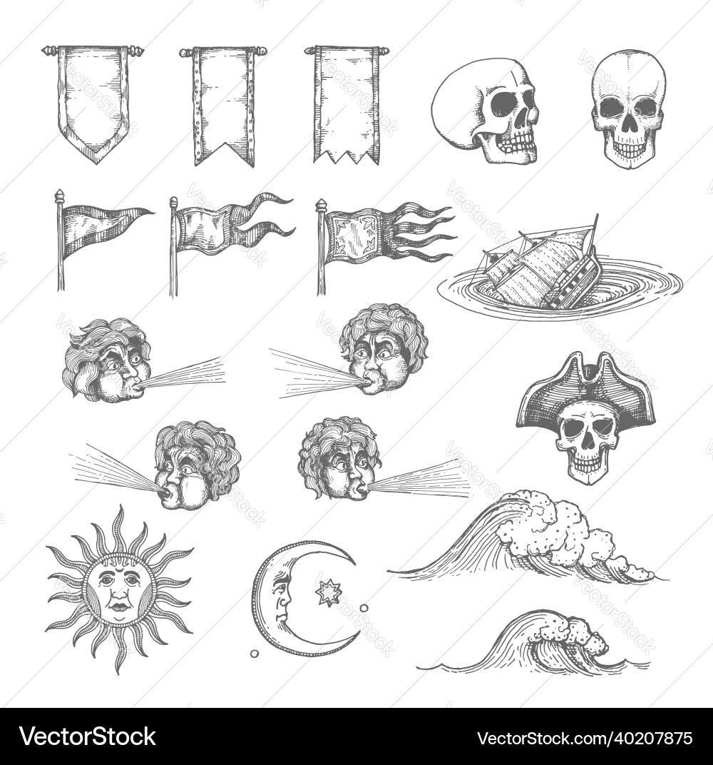 Vintage map ancient cartography sketch elements Vector Image