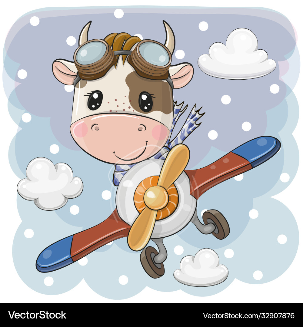 Cartoon bull is flying on a plane Royalty Free Vector Image