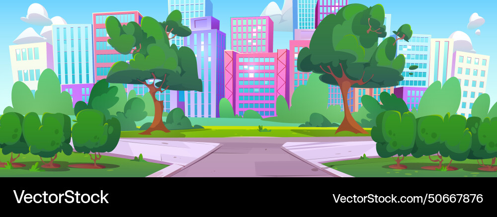 City public park with pathway green trees grass Vector Image