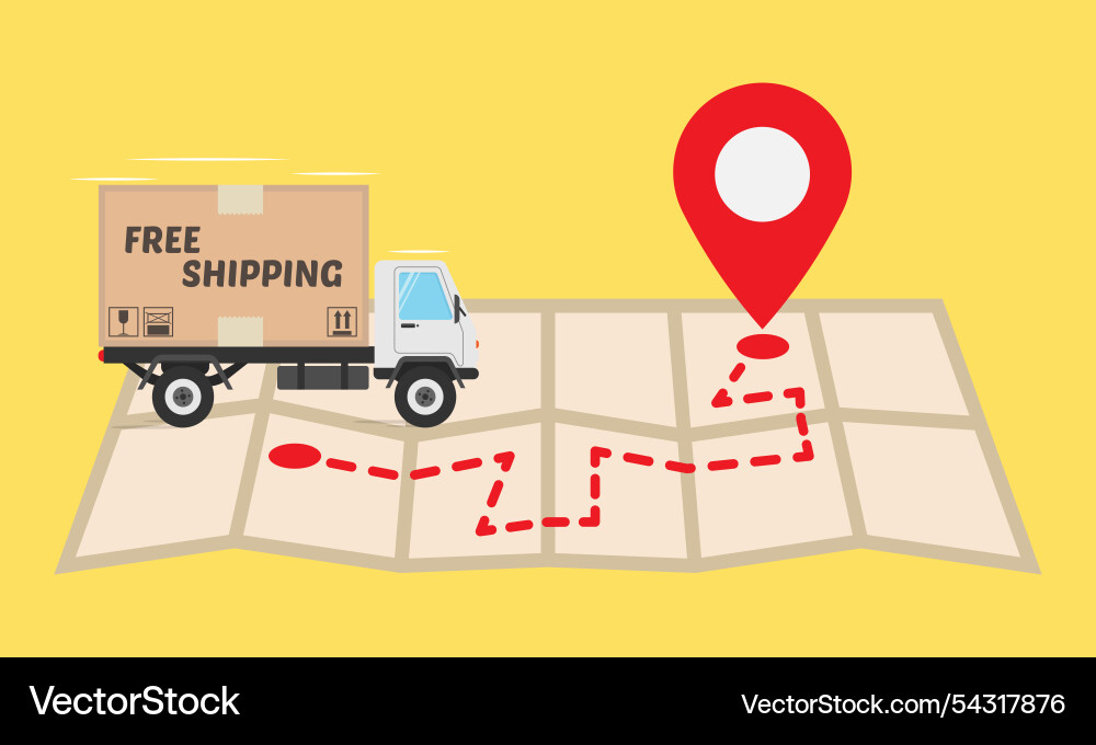 Delivery truck depicted on a map with red route Vector Image
