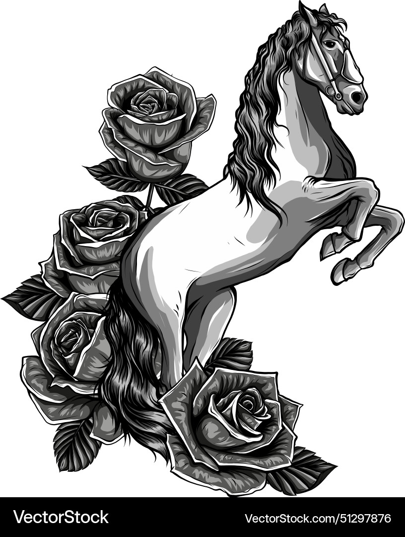Monochrome beautiful horse with roses Royalty Free Vector