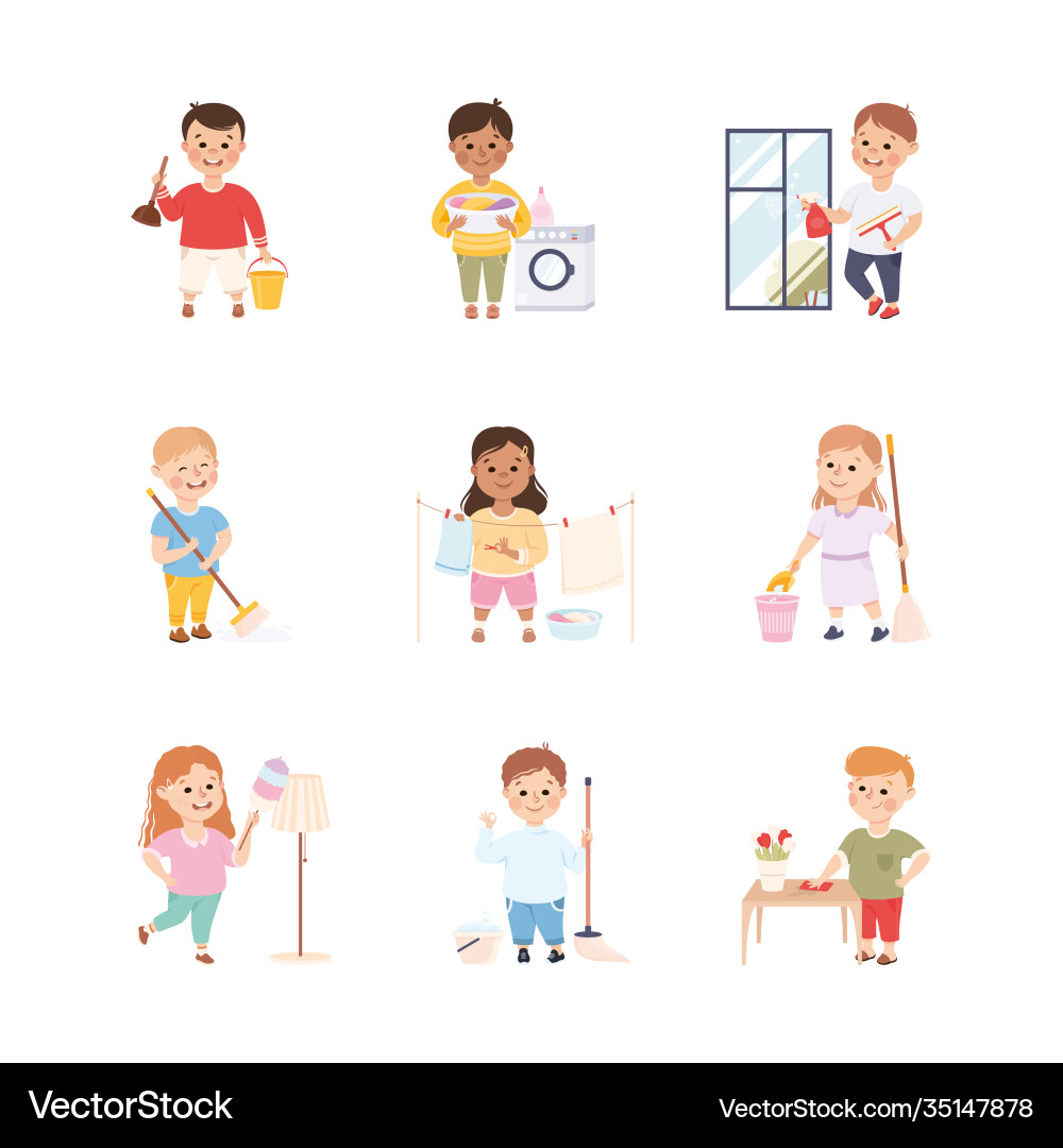 Kid helping their parents with housework set boys Vector Image