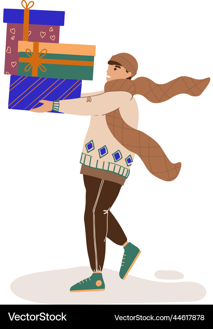 Merry young man walking and carrying a stack Vector Image