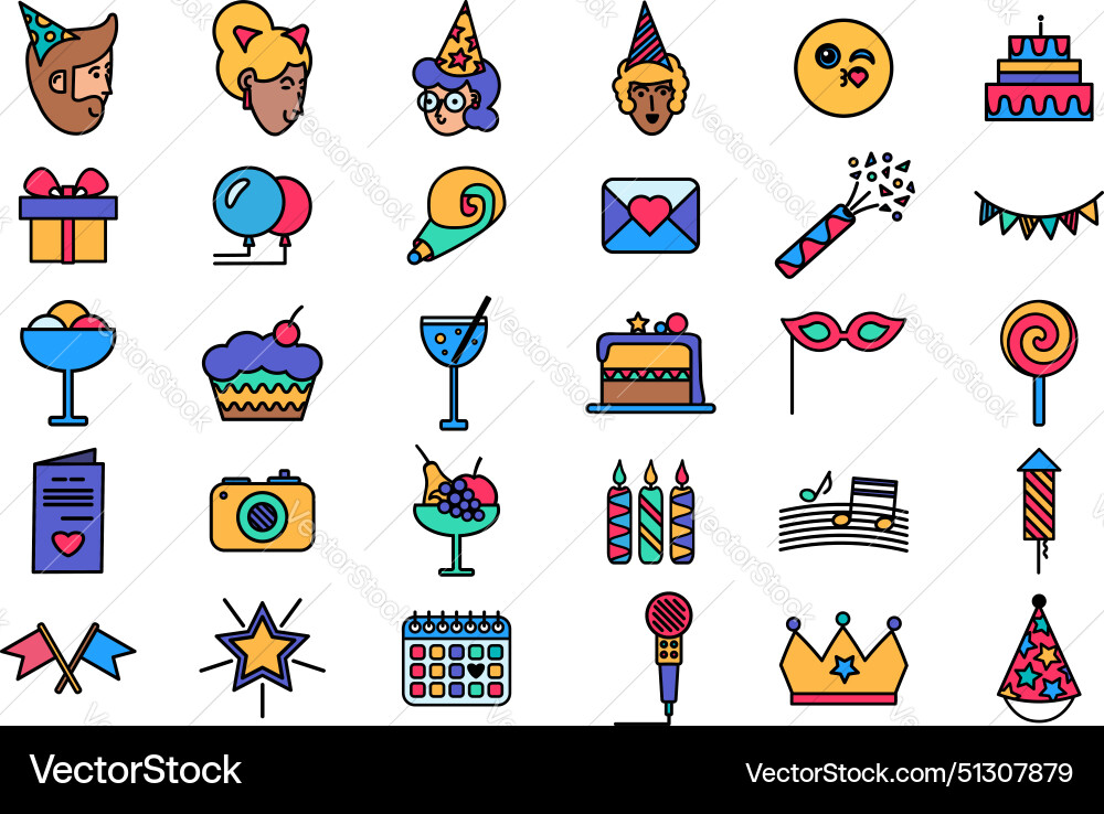 Birthday party colored icons big set Royalty Free Vector
