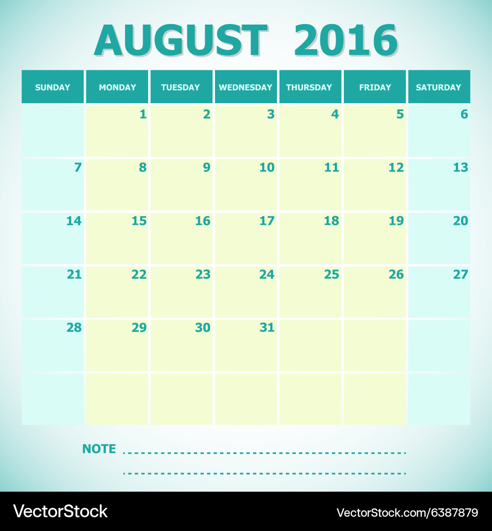 Calendar august 2016 week starts sunday Royalty Free Vector