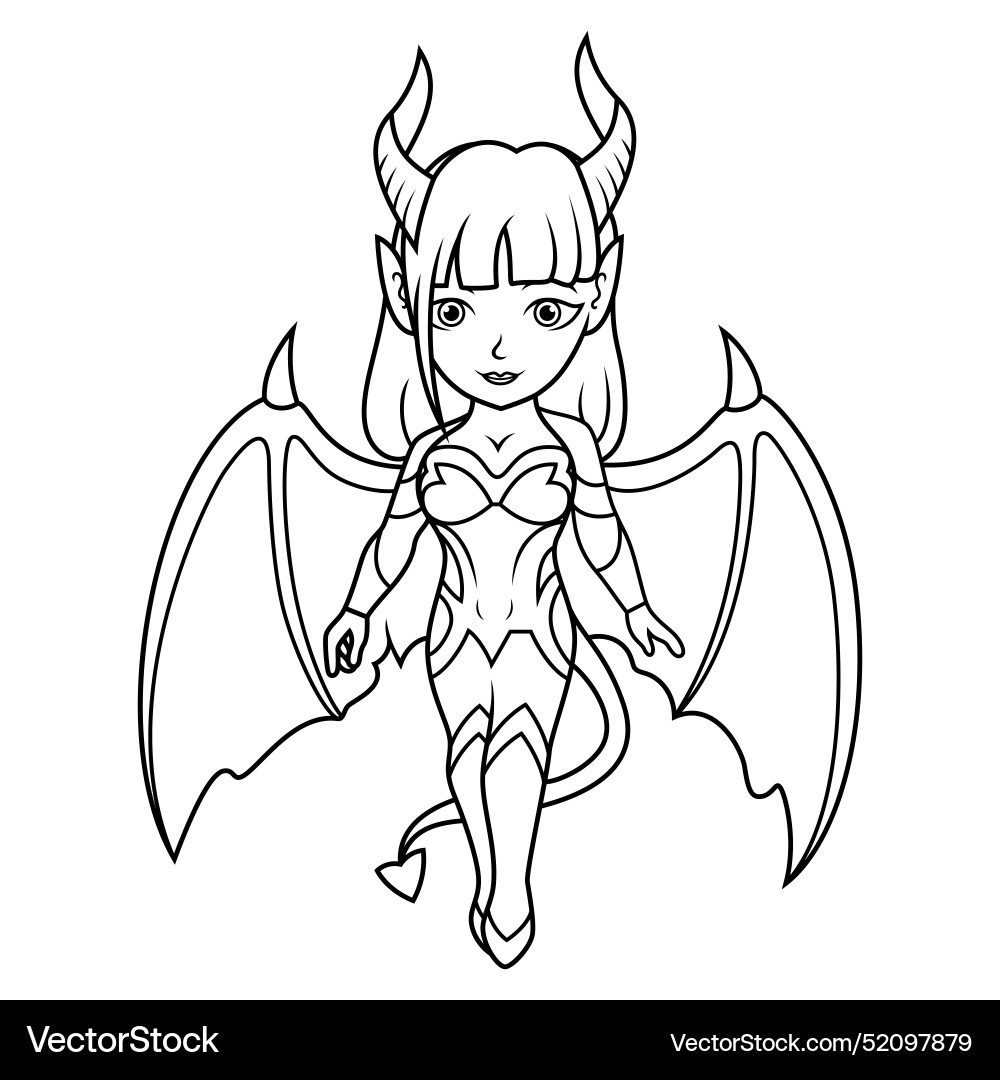 Cute chibi succubus cartoon line art Royalty Free Vector