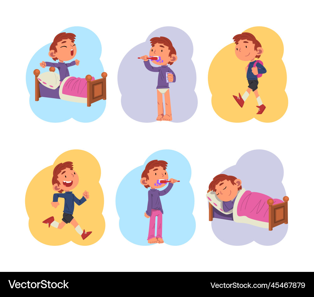 Cute school boy daily routine activities set kid Vector Image
