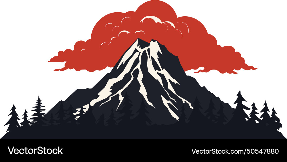 Stylized mountain peak snow trees red sky Vector Image