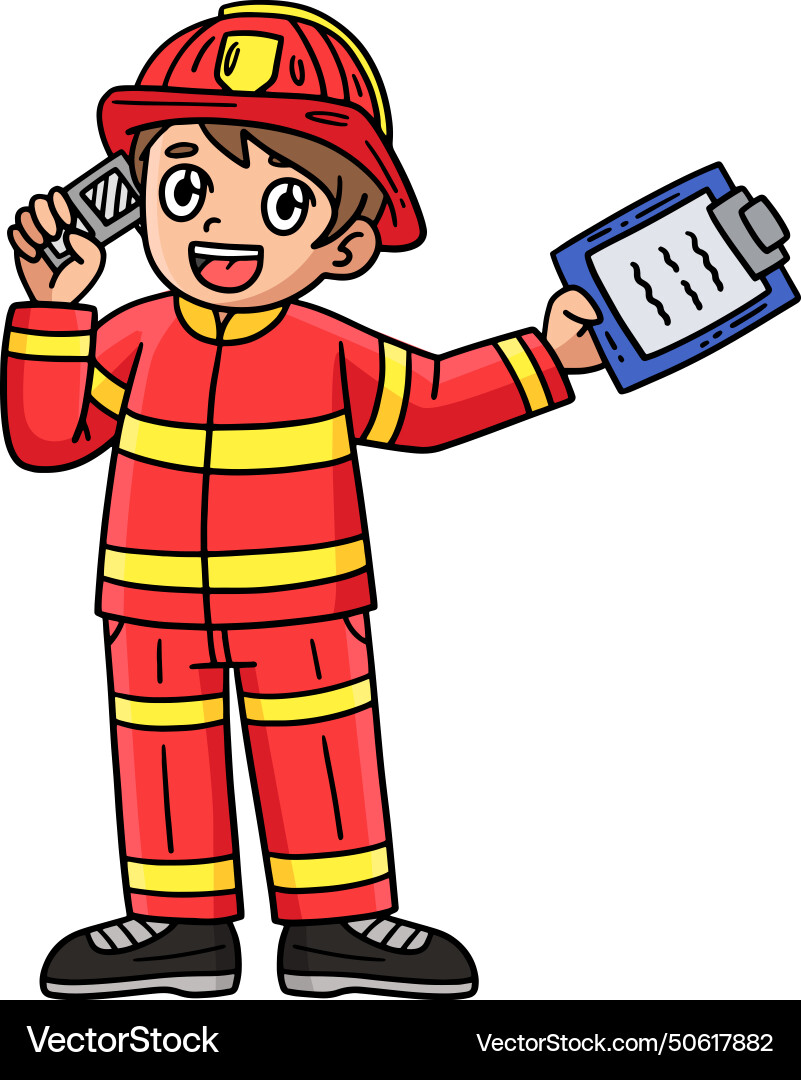 Firefighter receiving a call cartoon clipart Vector Image