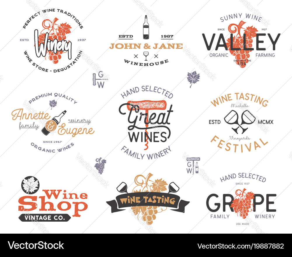 Wine logos labels set winery shop Royalty Free Vector Image