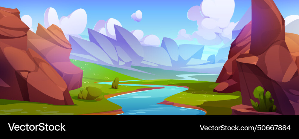 River with green grass and rock mountains on shore