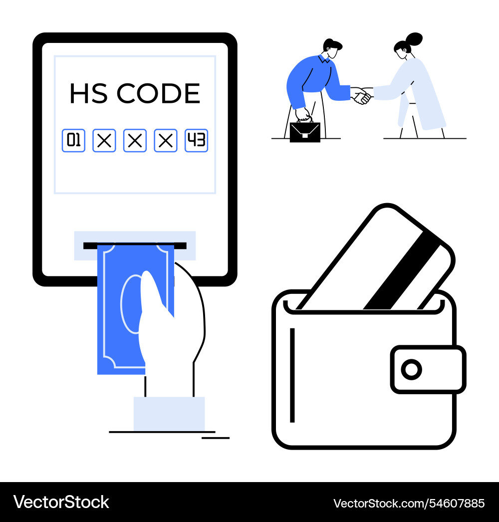 Hand inserting cash into machine with hs code Vector Image
