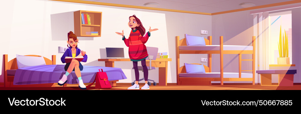Two female students speaking in dormitory bedroom Vector Image