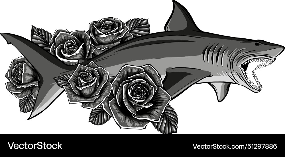 Monochrome shark with roses and leaves Royalty Free Vector