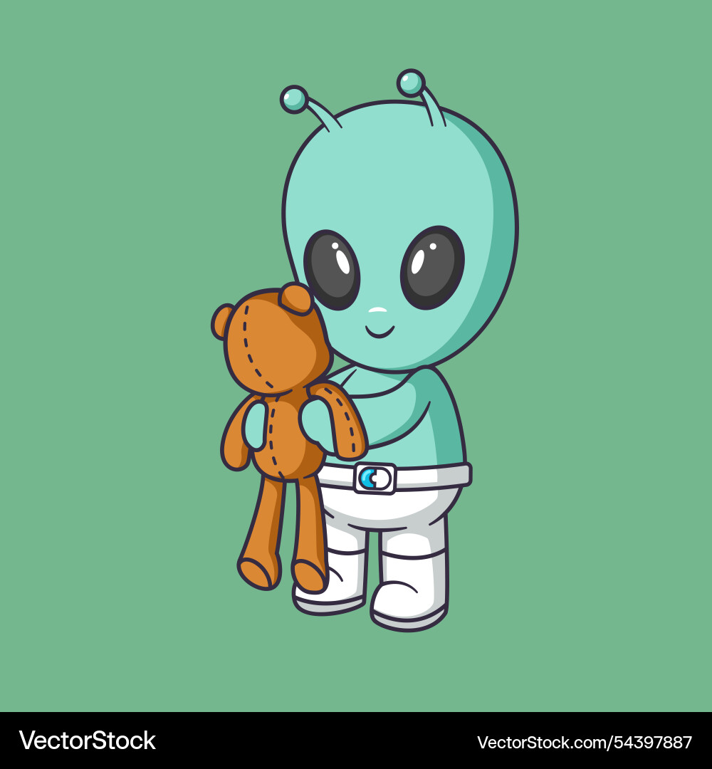 Cute alien playing a teddy bear cartoon icon Vector Image