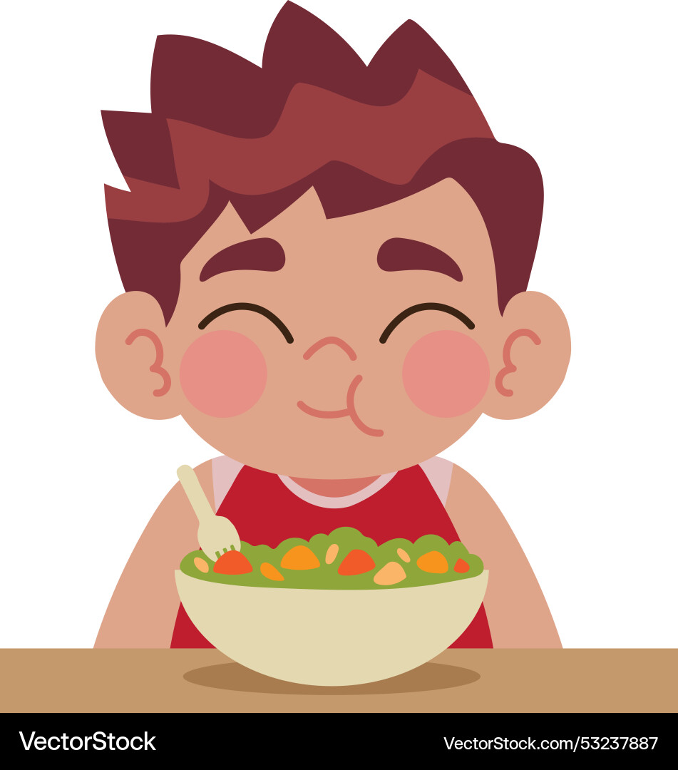 Cute boy eating vegan food Royalty Free Vector Image