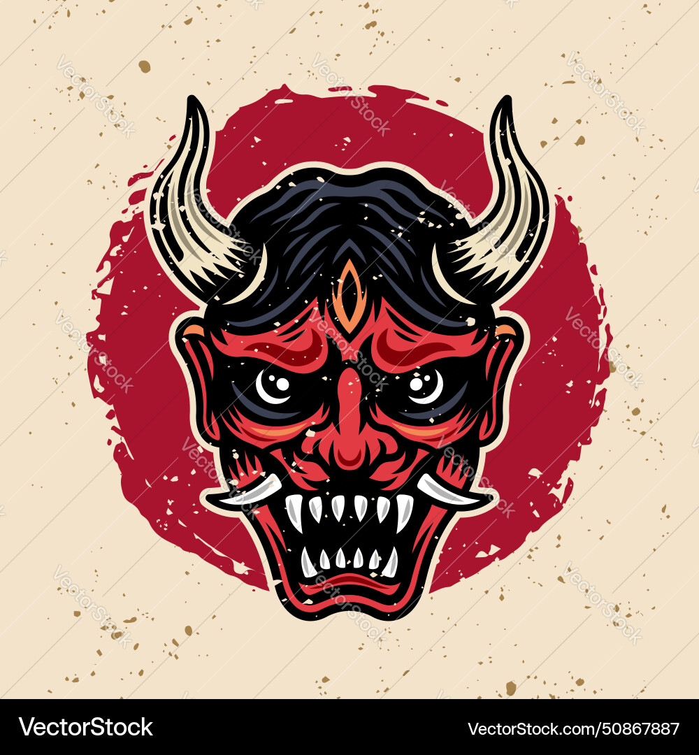 Oni red mask vintage colored Royalty Free Vector Image