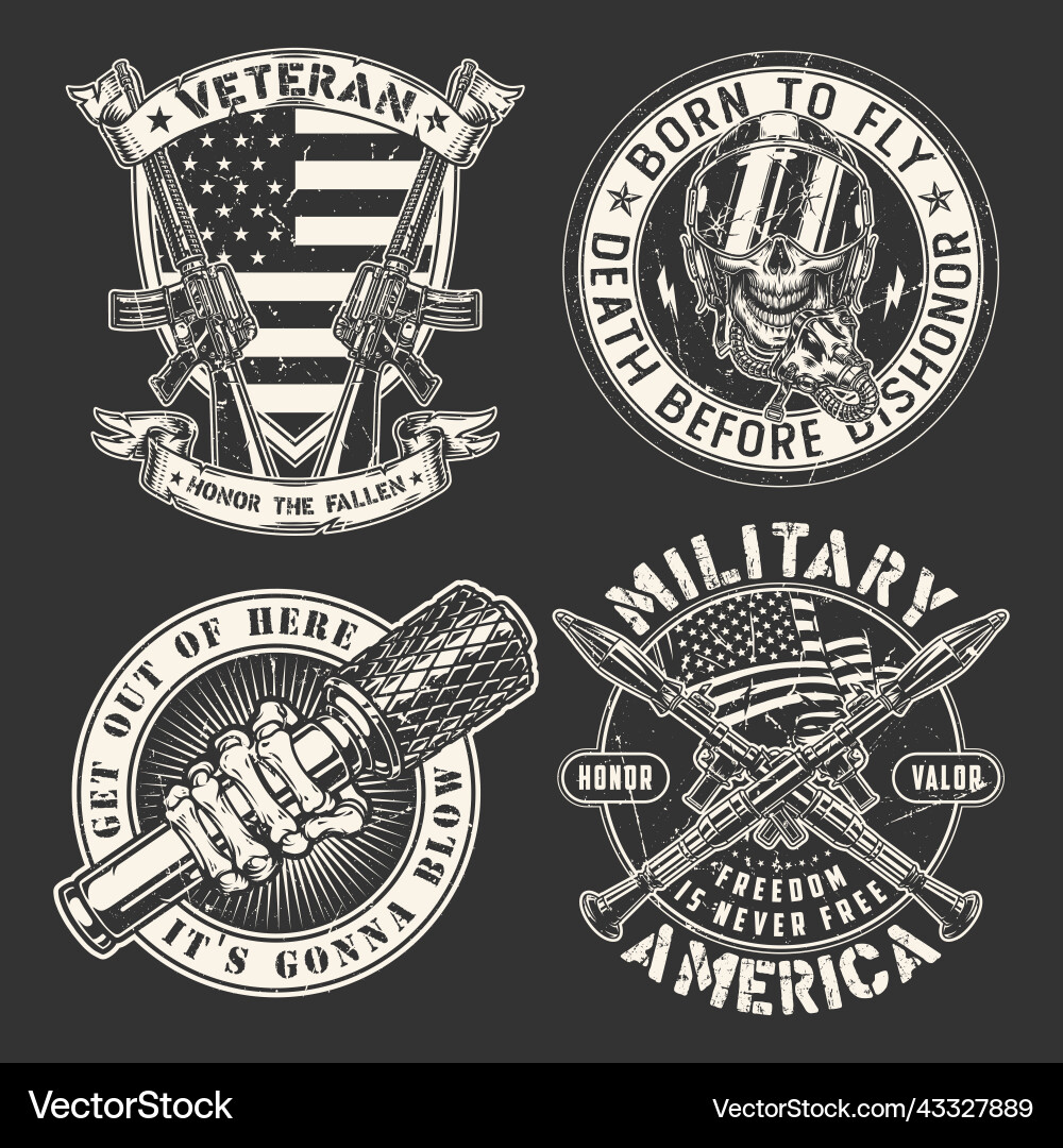 Army set monochrome emblem vintage Royalty Free Vector Image