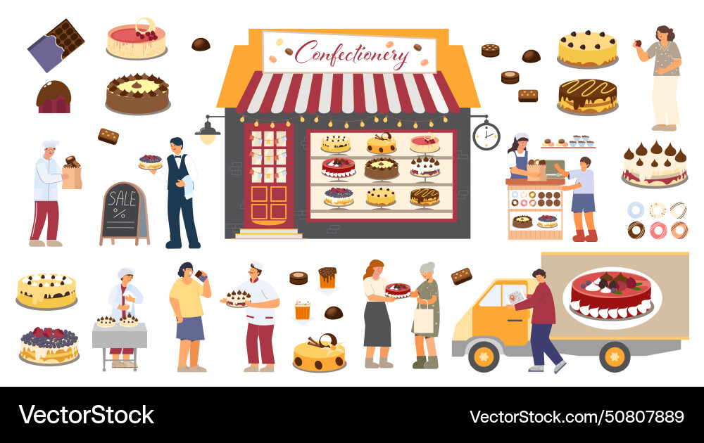 Confectionery shop flat set Royalty Free Vector Image