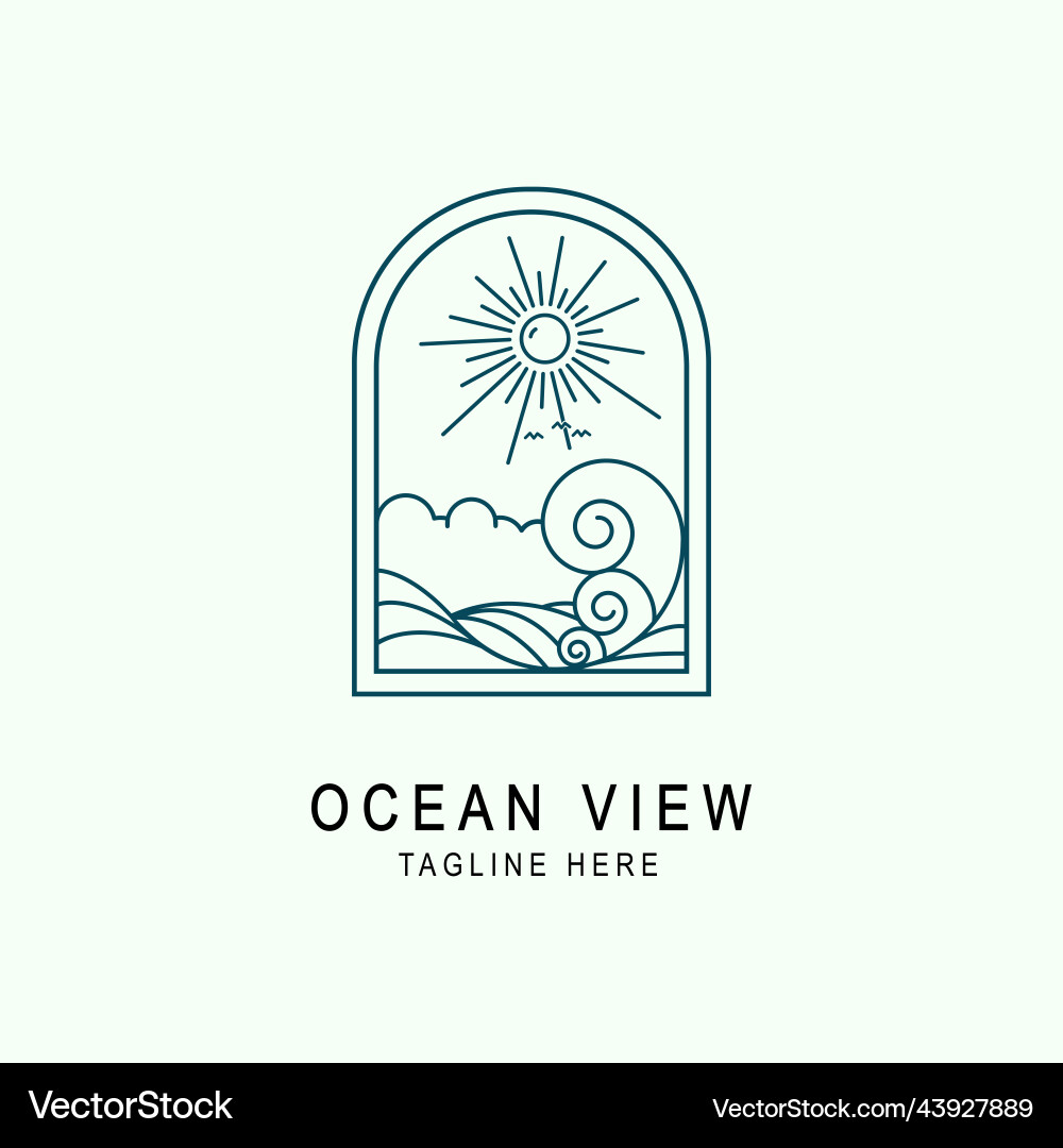 Ocean wave scenery logo on line art Royalty Free Vector