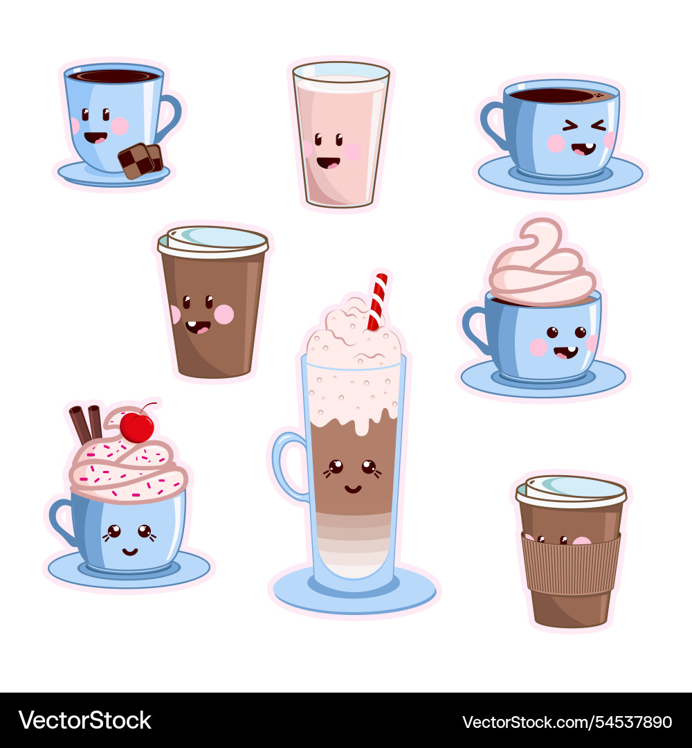 Kawaii coffee set various cute cafe drinks Vector Image