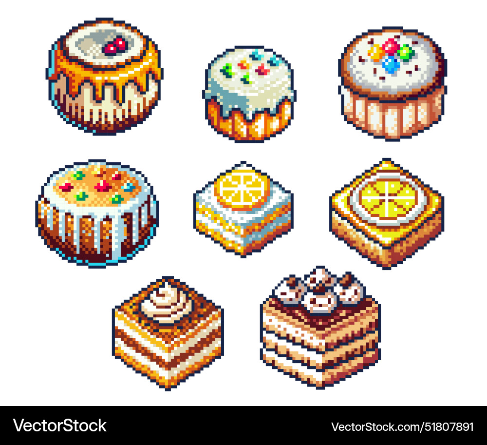 Desserts summer pixel art elements Royalty Free Vector Image