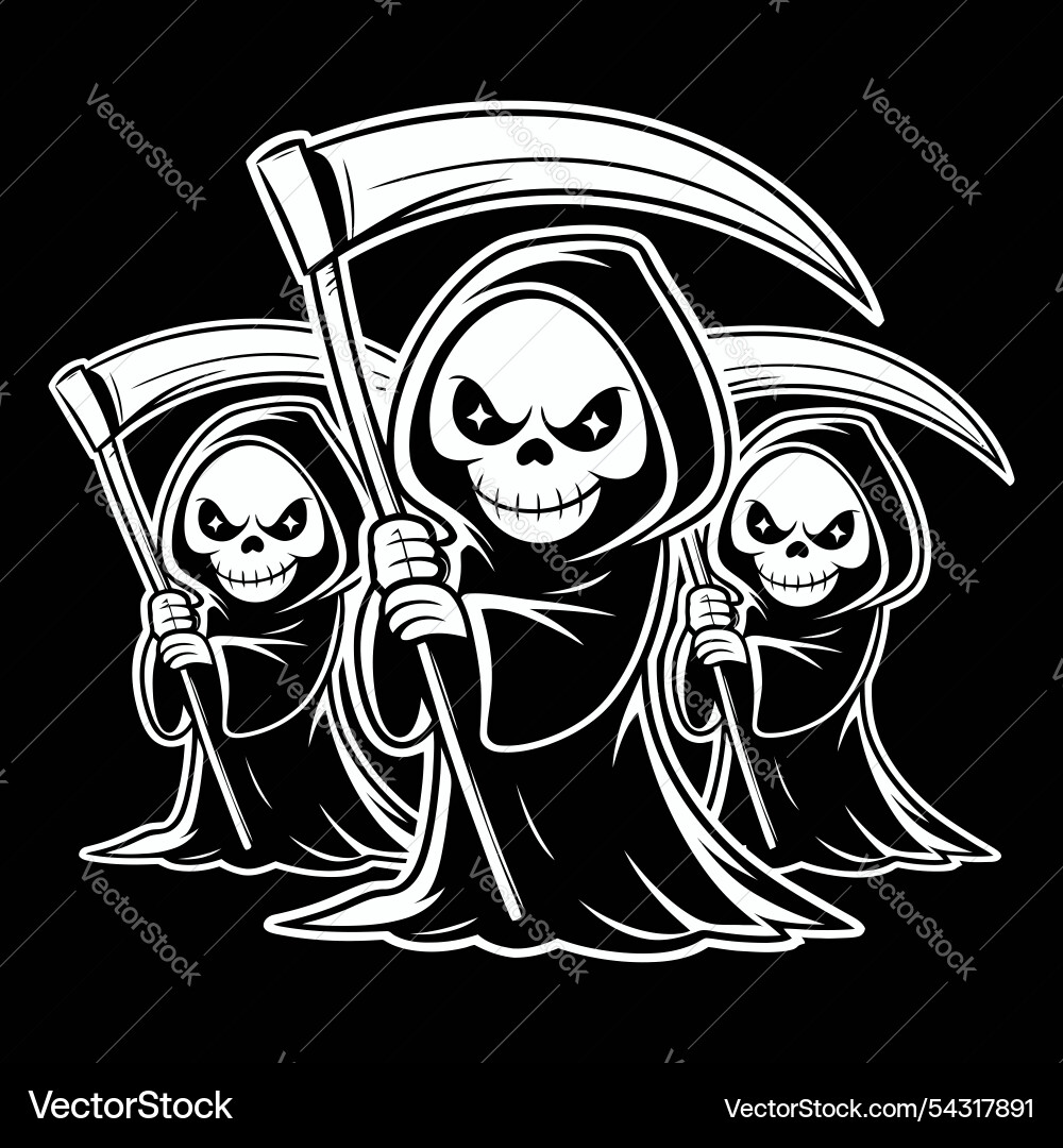 Three grim reapers with scythes Royalty Free Vector Image