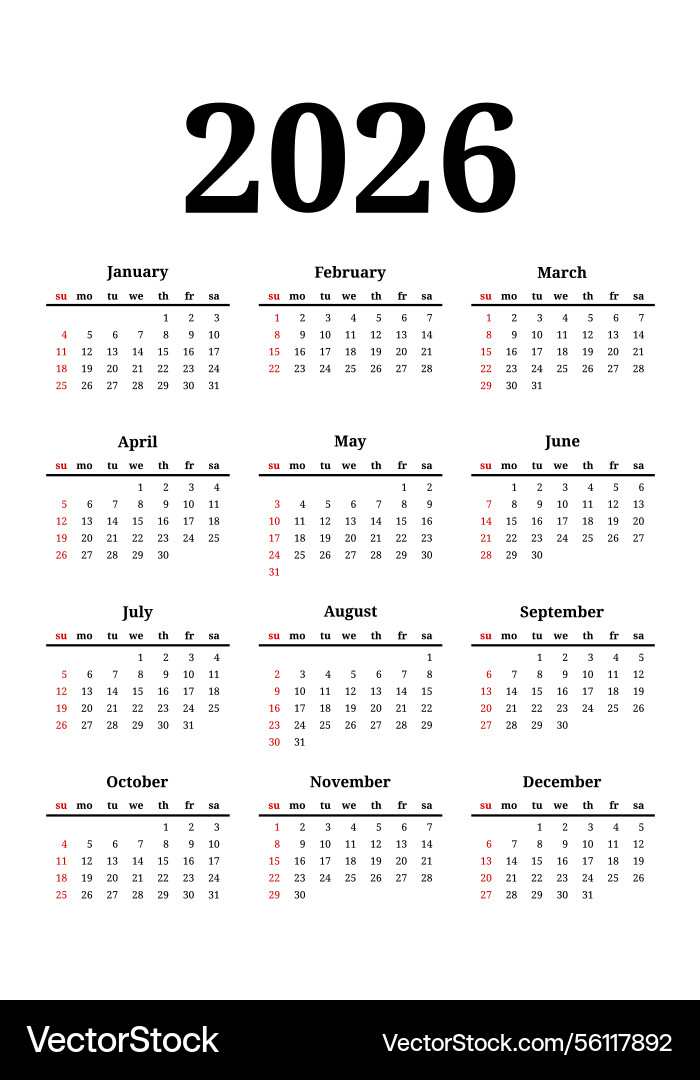 Calendar for 2026 isolated on a white background Vector Image