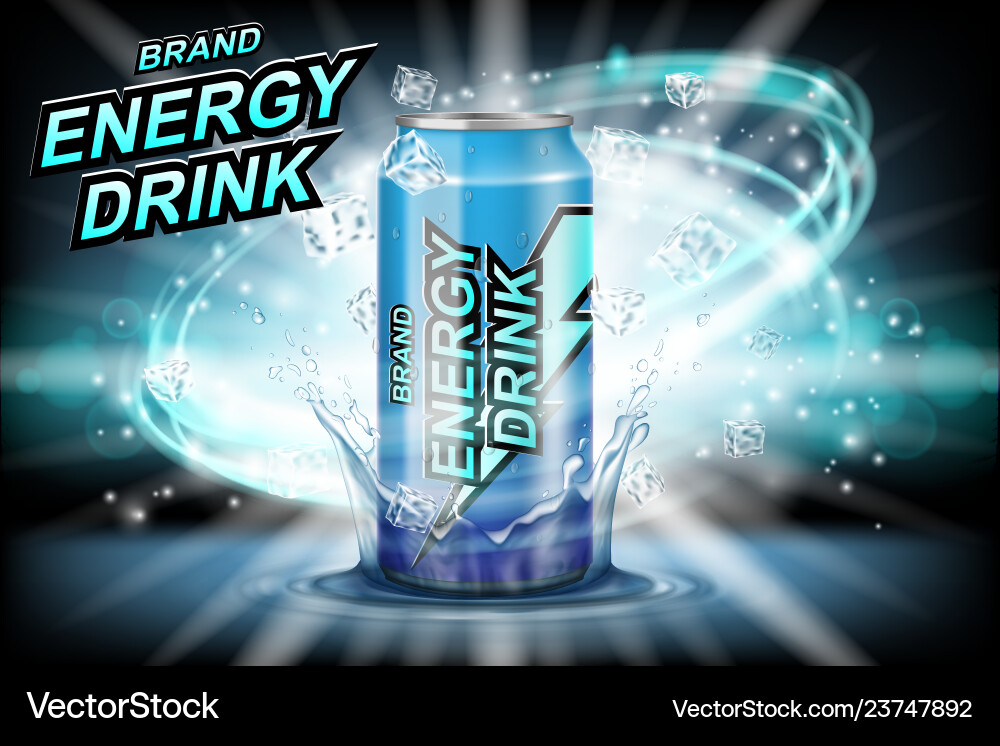 Energy drink label ads with ice cubes on dark Vector Image