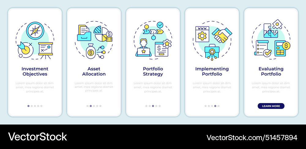 Portfolio management steps onboarding mobile app Vector Image