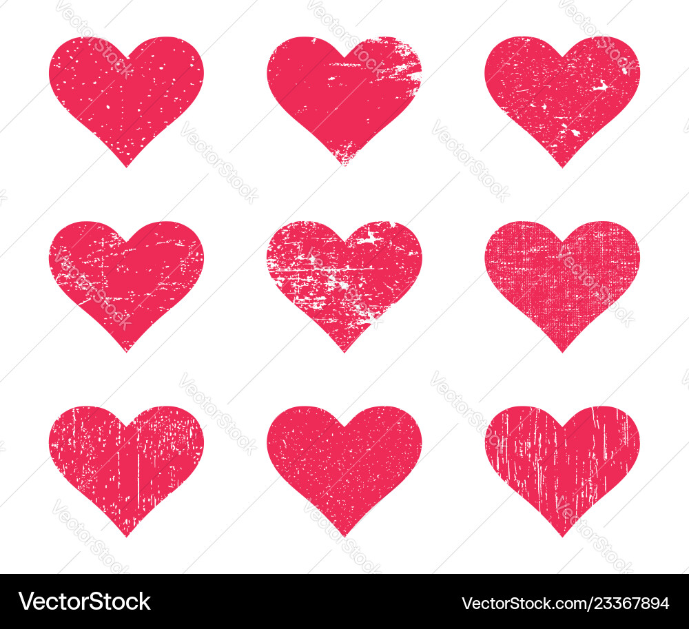 Red grunge hearts distressed texture heart set Vector Image