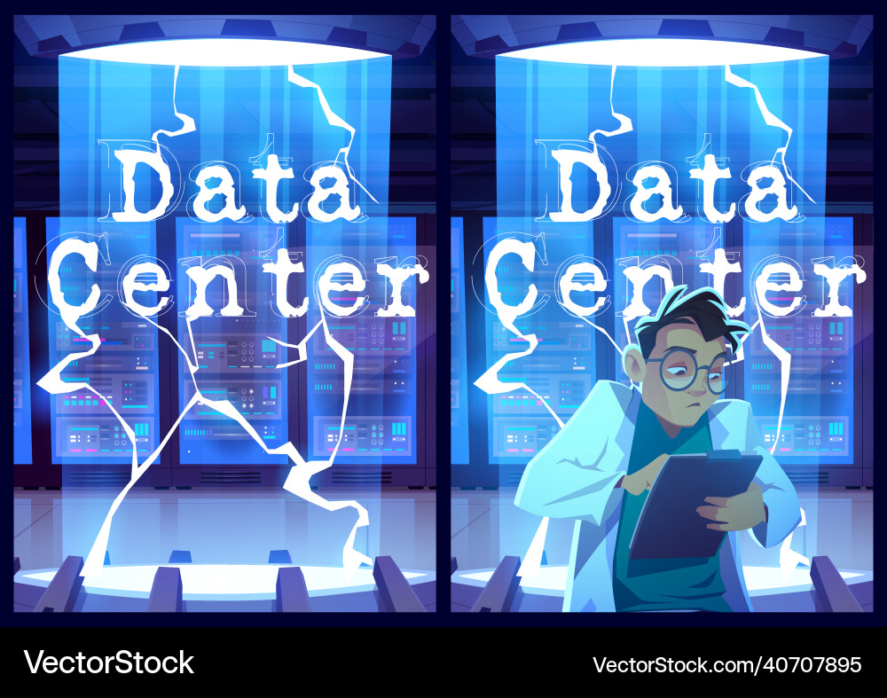 Rechenzentrum Poster mit Ingenieur im Serverraum Vektorbild