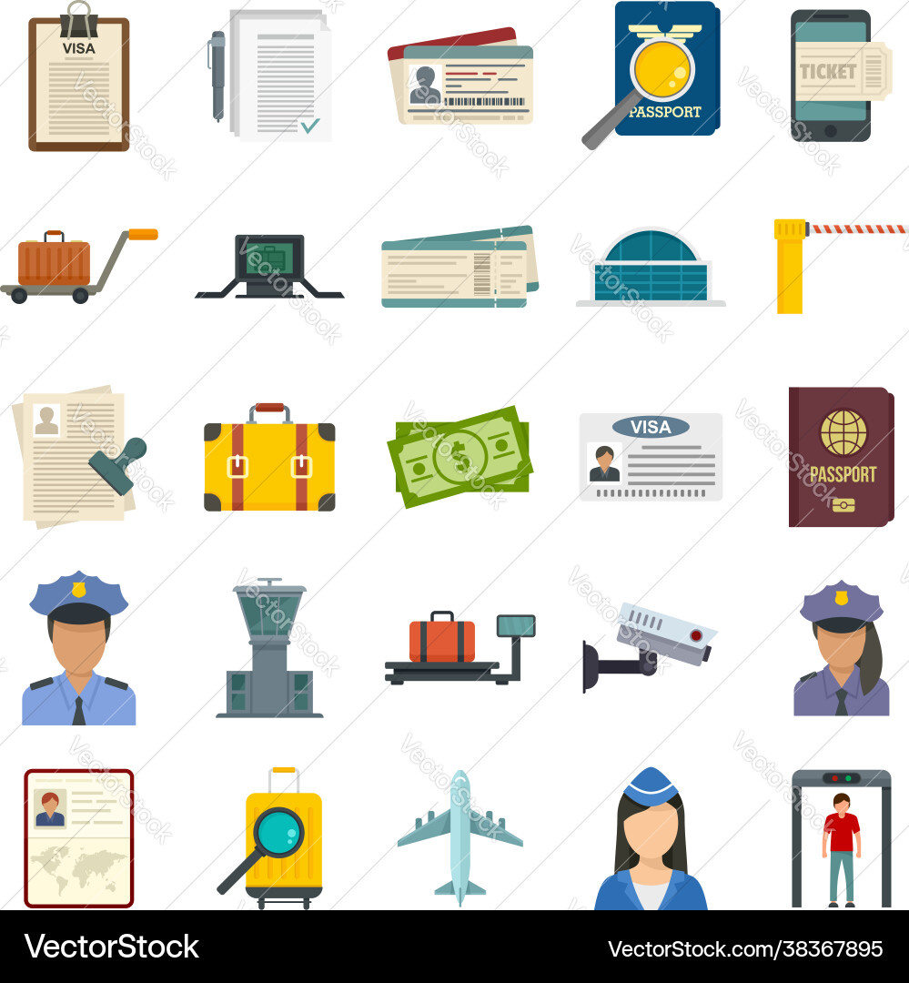 Passport control icons set flat isolated Vector Image