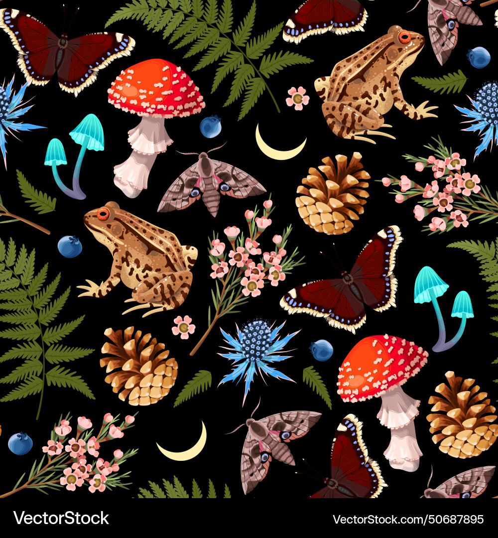 Pattern with forest flora and fauna Royalty Free Vector